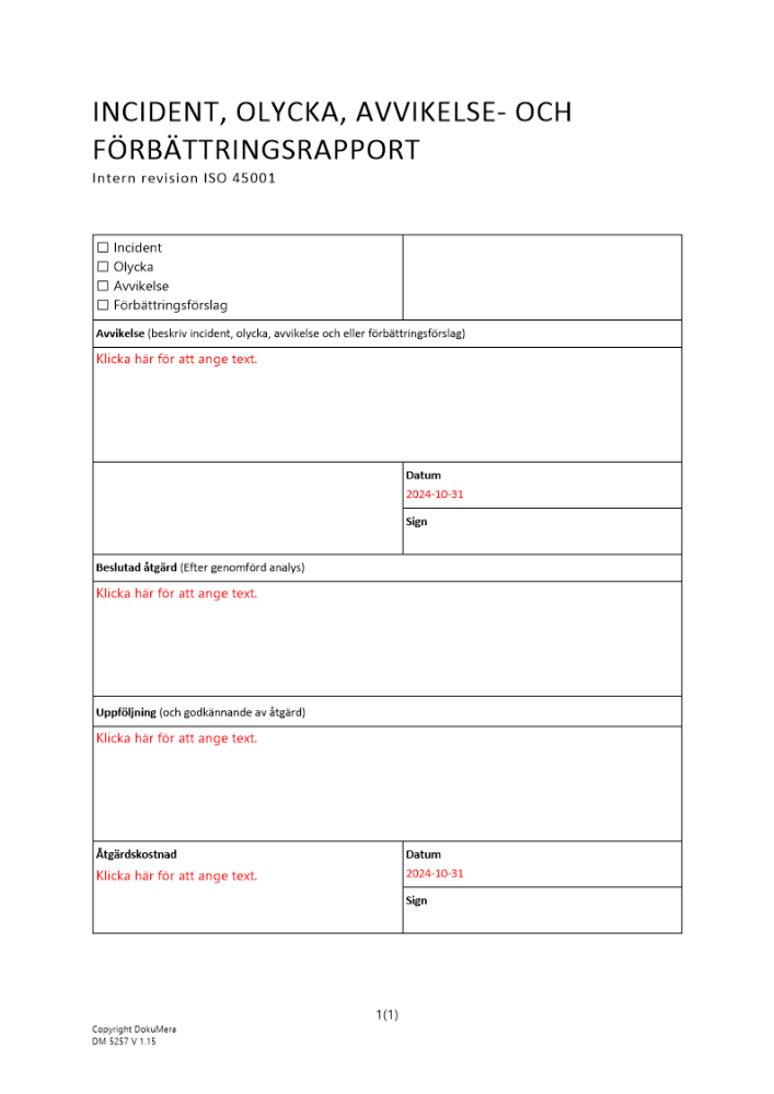 Avvikelse- och förbättringsrapport - Intern revision ISO 45001 | DokuMera
