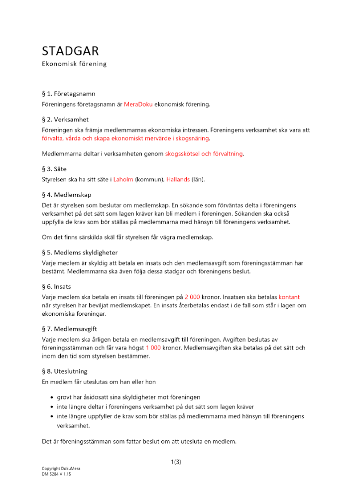 Stadgar ekonomisk förening | DokuMera