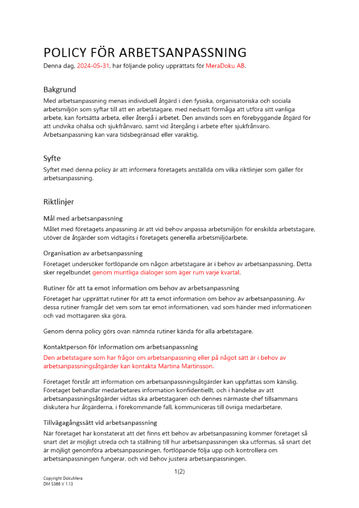 Policy för arbetsanpassning | DokuMera
