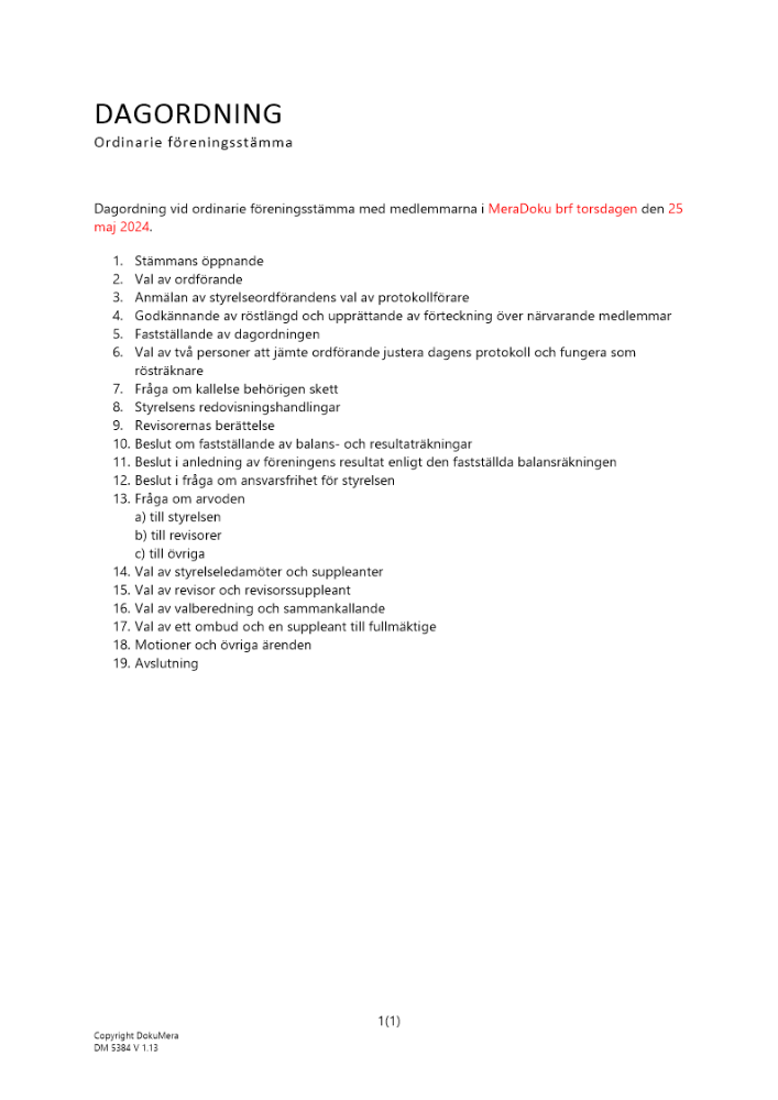 Dagordning ordinarie föreningsstämma - brf | DokuMera