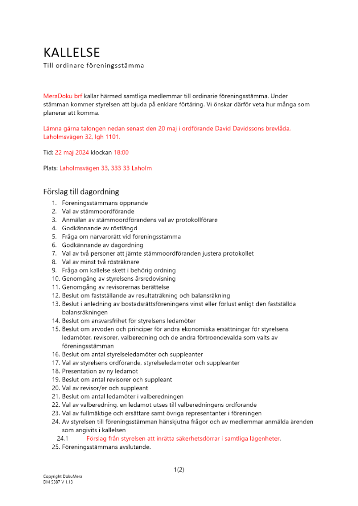 Kallelse till ordinarie föreningsstämma - brf | DokuMera