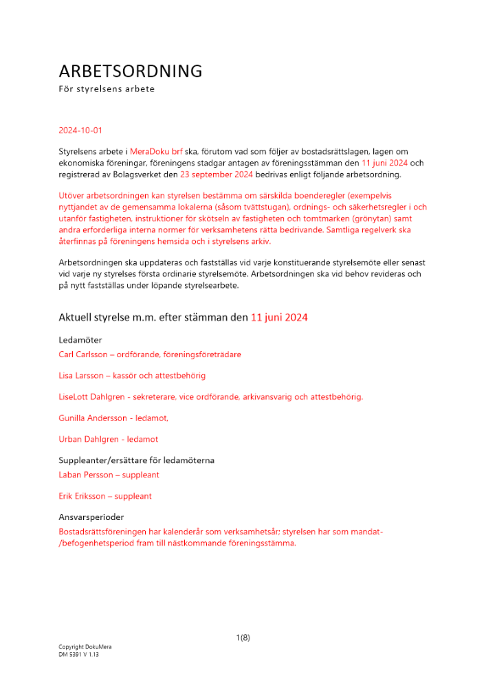 Arbetsordning för styrelsens arbete i brf | DokuMera