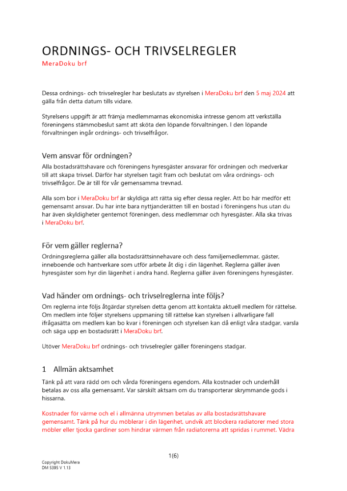 Ordnings- och trivselregler i brf | DokuMera