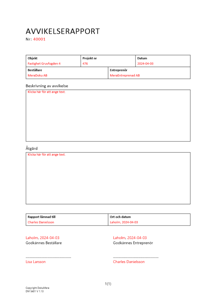 Avvikelserapport entreprenad | DokuMera