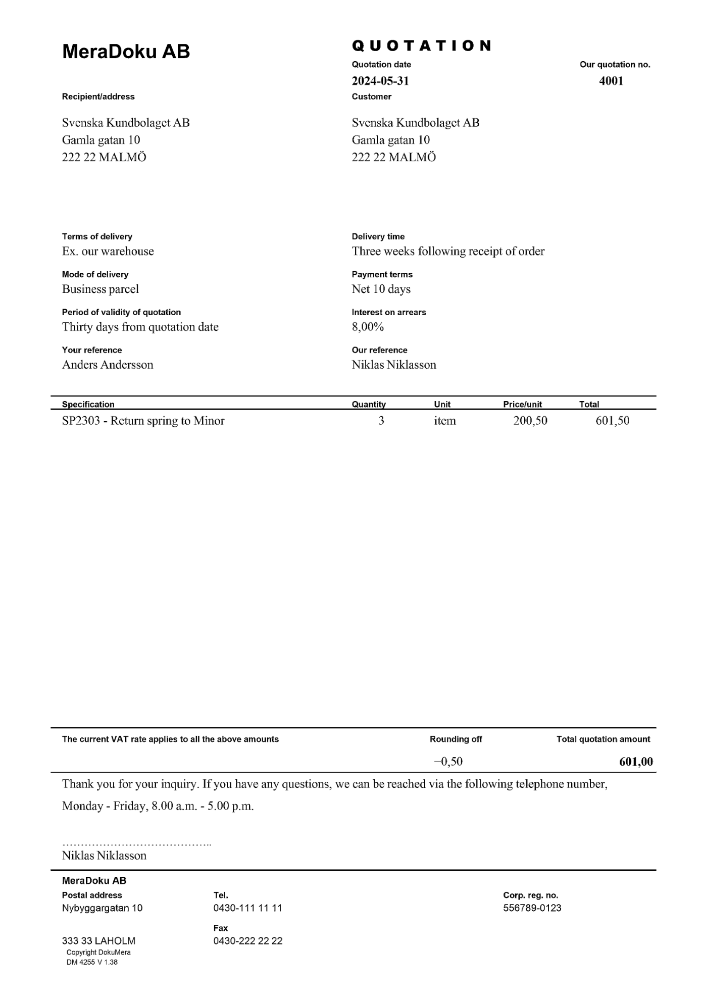 Offert med leveransdetaljer 10 artikelrader - Engelsk | DokuMera