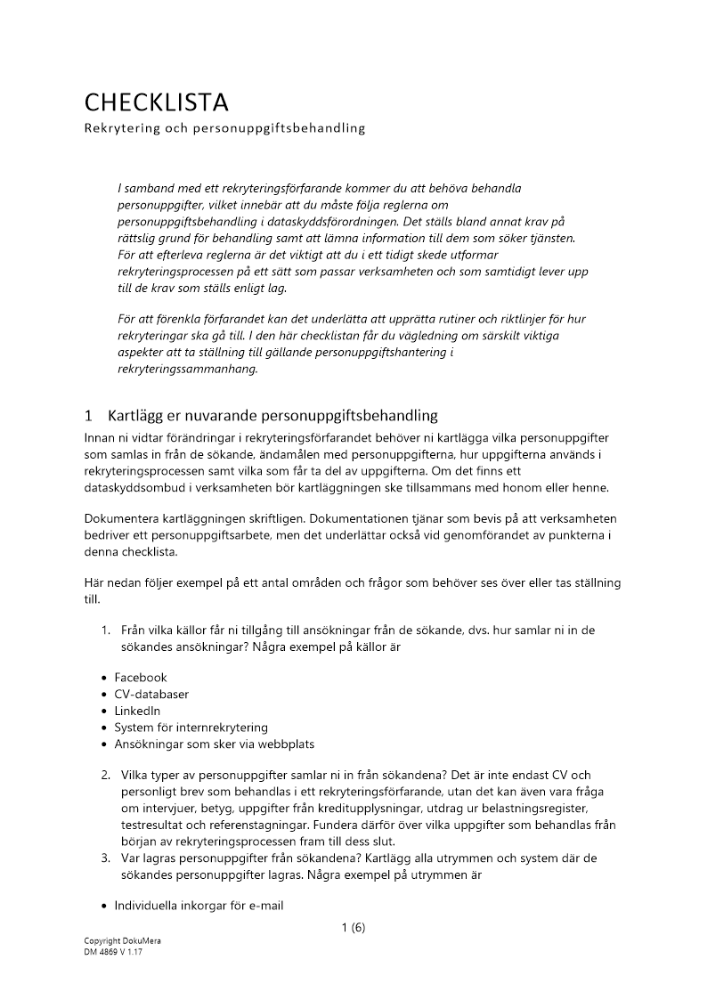Checklista rekrytering och personuppgiftsbehandling | DokuMera