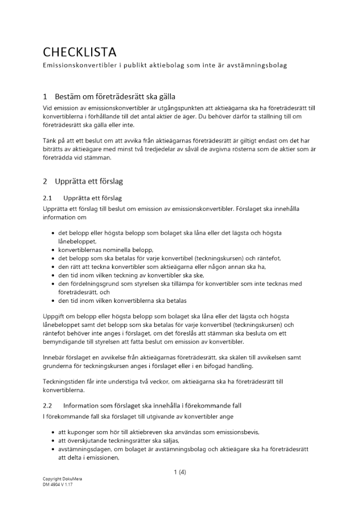 Checklista – emission av konvertibler publikt AB | DokuMera