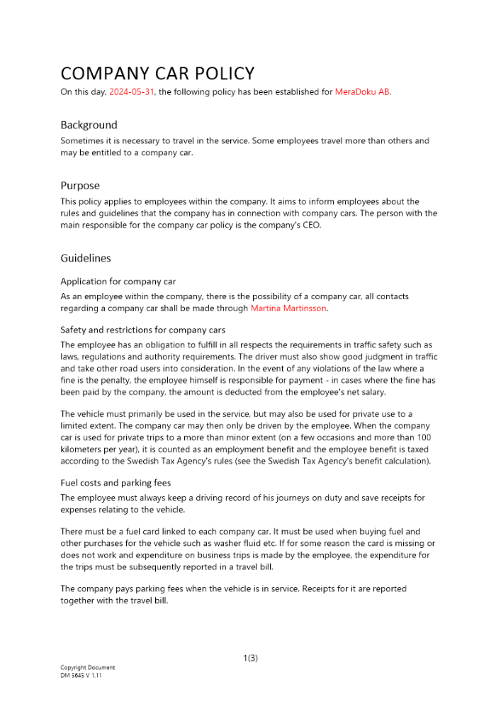 Tjänstebilspolicy Engelsk 2024 | DokuMera